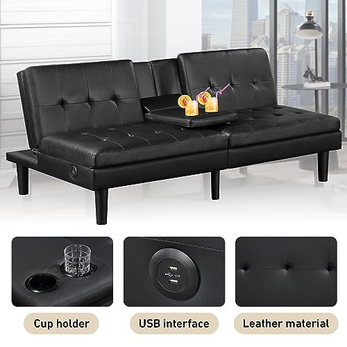 PrimeZone 69" W x 38" D x 29.5" H Futon Convertible Sofa Bed with USB & 2 Cupholders - Faux Leather Modern Memory Foam Sleeper Couch, Folding Loveseat for Apartment, Dorm, Office, Black