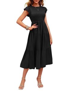 holipick women's summer casual dress short sleeves crew neck smocked high waist tiered a-line midi dress m black