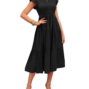 Holipick Women's Summer Casual Dress Short Sleeves Crew Neck Smocked High Waist Tiered A-Line Midi Dress M Black