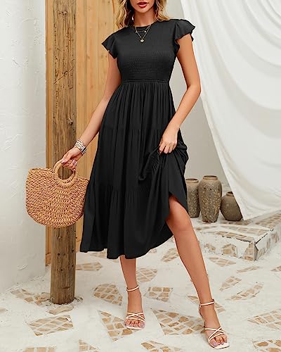 Holipick Women's Summer Casual Dress Short Sleeves Crew Neck Smocked High Waist Tiered A-Line Midi Dress M Black