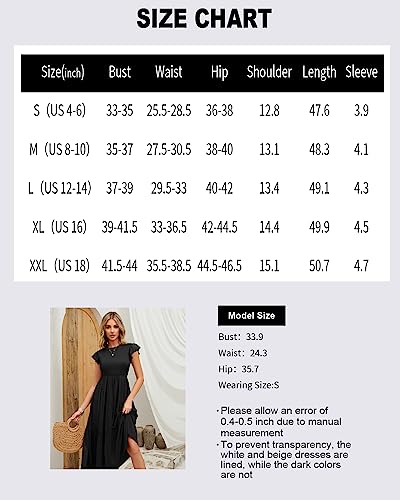 Holipick Women's Summer Casual Dress Short Sleeves Crew Neck Smocked High Waist Tiered A-Line Midi Dress M Black