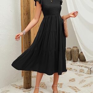 Holipick Women's Summer Casual Dress Short Sleeves Crew Neck Smocked High Waist Tiered A-Line Midi Dress M Black