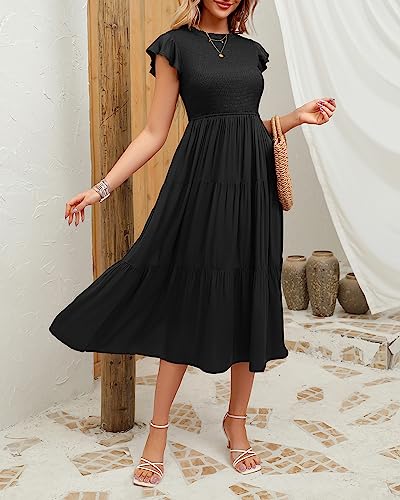 Holipick Women's Summer Casual Dress Short Sleeves Crew Neck Smocked High Waist Tiered A-Line Midi Dress M Black