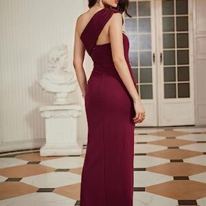 One Shoulder Long Formal Dresses for Women Wedding Guest Wine Red Thigh Split Dress Ruched Bodycon Prom Dress M