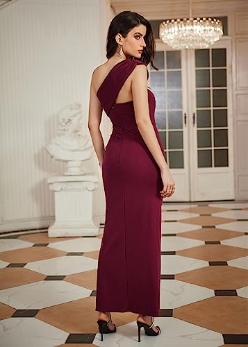 One Shoulder Long Formal Dresses for Women Wedding Guest Wine Red Thigh Split Dress Ruched Bodycon Prom Dress M