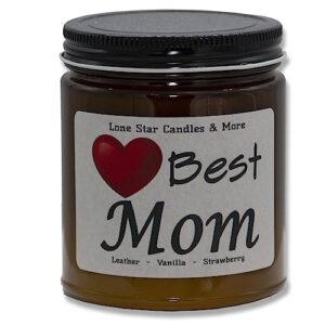 leather & lace best mom gift candle lone star candles & more's hand poured 100 percent soy wax candles, leather mixed with creamy vanilla, usa made in texas, round amber glass jars 9oz mom