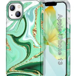 CASEFIV Compatible with iPhone 13 Case, Marble Pattern 3 in 1 Heavy Duty Shockproof Full Body Rugged Hard PC+Soft Silicone Drop Protective Girls Women Cover for iPhone 13 6.1 inch 2021, Green White