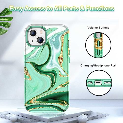 CASEFIV Compatible with iPhone 13 Case, Marble Pattern 3 in 1 Heavy Duty Shockproof Full Body Rugged Hard PC+Soft Silicone Drop Protective Girls Women Cover for iPhone 13 6.1 inch 2021, Green White