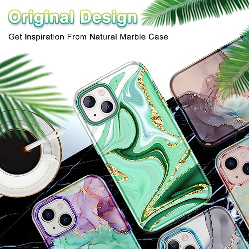 CASEFIV Compatible with iPhone 13 Case, Marble Pattern 3 in 1 Heavy Duty Shockproof Full Body Rugged Hard PC+Soft Silicone Drop Protective Girls Women Cover for iPhone 13 6.1 inch 2021, Green White