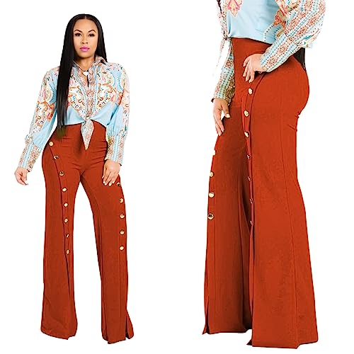 TOPSRANI Women High Waisted Dress Pants Work Trousers Slacks Bottoms Casual Pull On Long Stretch Solid Office Business Tall Button Down Orange L