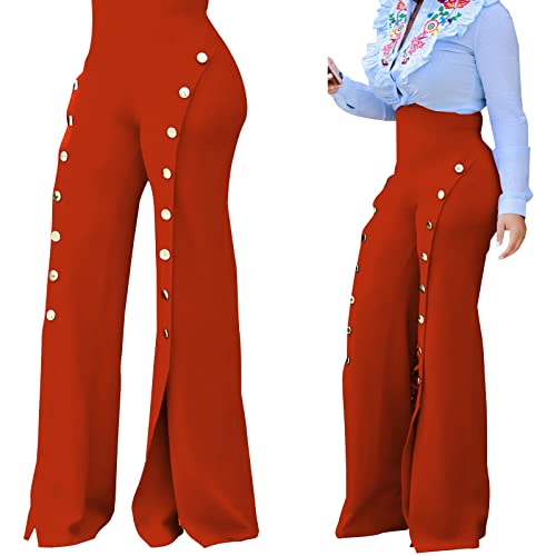 TOPSRANI Women High Waisted Dress Pants Work Trousers Slacks Bottoms Casual Pull On Long Stretch Solid Office Business Tall Button Down Orange L