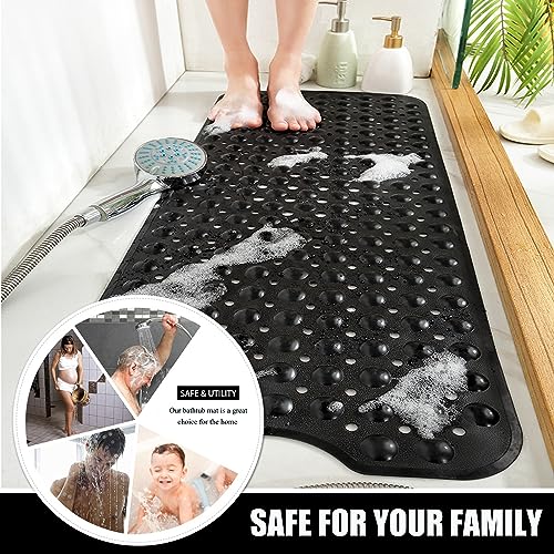 Large Non Slip Bathtub Mat, Extra Long Bath Mat for Tub, 40 x 16 Inch, Machine Washable Shower Mats with Suction Cups and Drain Holes, Bath Tub Mats for Bathroom Non Slip, Black