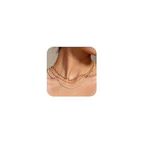 Tewiky Layered Gold Necklace for Women Trendy 14K Real Gold Plated Chain Choker Necklace Set for Women Gold Jewelry for Women Waterproof Chunky Herringbone Cuban Link Paperclip Rope Necklace Gift