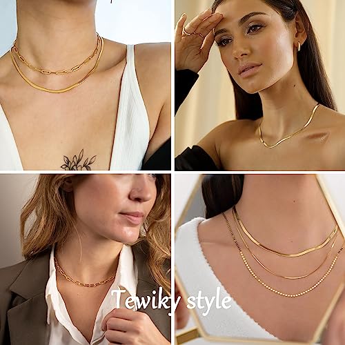 Tewiky Layered Gold Necklace for Women Trendy 14K Real Gold Plated Chain Choker Necklace Set for Women Gold Jewelry for Women Waterproof Chunky Herringbone Cuban Link Paperclip Rope Necklace Gift