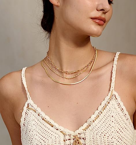 Tewiky Layered Gold Necklace for Women Trendy 14K Real Gold Plated Chain Choker Necklace Set for Women Gold Jewelry for Women Waterproof Chunky Herringbone Cuban Link Paperclip Rope Necklace Gift