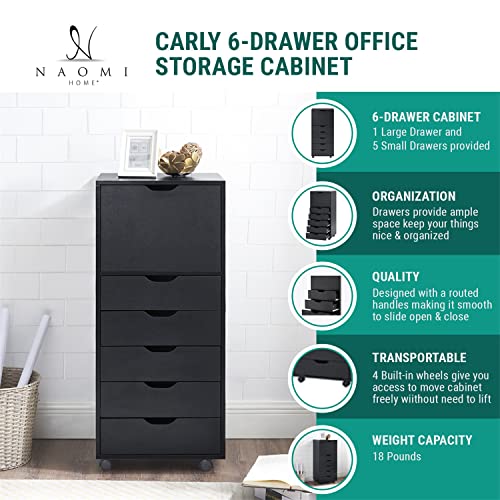 Naomi Home Carly 6-Drawer Office Storage File Cabinet on Wheels, Mobile Under Desk Filing Drawer Unit, Craft Storage Organization for Home, Office – Distressed Black