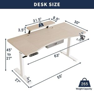 HEONAM Dual Motor Standing Desk with Drawer, 63x30 Inch Electric Height Adjustable Stand Up Desk with Storage Shelf, Home Office Desk Computer Workstation with White Pearwood Top/White Frame