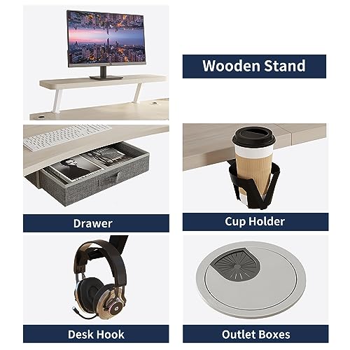 HEONAM Dual Motor Standing Desk with Drawer, 63x30 Inch Electric Height Adjustable Stand Up Desk with Storage Shelf, Home Office Desk Computer Workstation with White Pearwood Top/White Frame