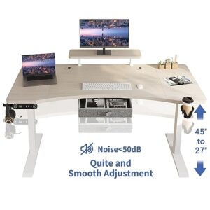 HEONAM Dual Motor Standing Desk with Drawer, 63x30 Inch Electric Height Adjustable Stand Up Desk with Storage Shelf, Home Office Desk Computer Workstation with White Pearwood Top/White Frame