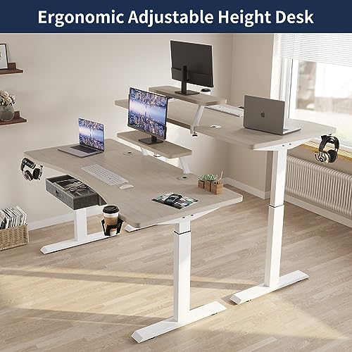 HEONAM Dual Motor Standing Desk with Drawer, 63x30 Inch Electric Height Adjustable Stand Up Desk with Storage Shelf, Home Office Desk Computer Workstation with White Pearwood Top/White Frame