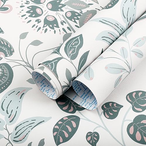 Vinjiasin Peel and Stick Wallpaper Floral Wallpaper Self Adhesive Removable 16.1"x 197" Contact Paper Boho Flower Leaf Wall Paper for Walls Furniture Creamy White/Green