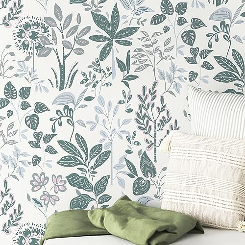 Vinjiasin Peel and Stick Wallpaper Floral Wallpaper Self Adhesive Removable 16.1"x 197" Contact Paper Boho Flower Leaf Wall Paper for Walls Furniture Creamy White/Green