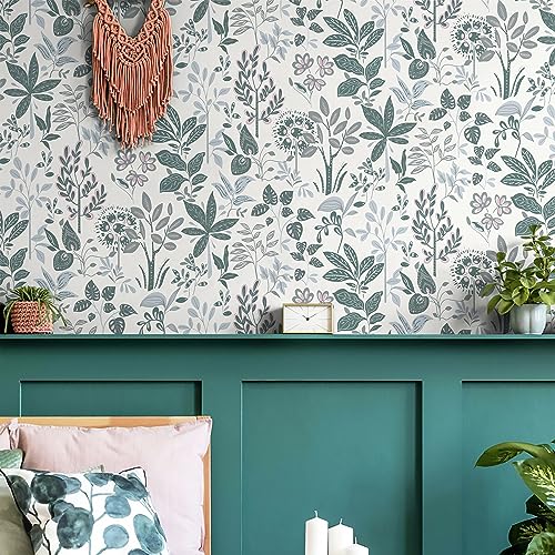 Vinjiasin Peel and Stick Wallpaper Floral Wallpaper Self Adhesive Removable 16.1"x 197" Contact Paper Boho Flower Leaf Wall Paper for Walls Furniture Creamy White/Green