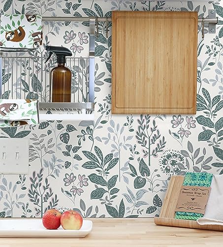 Vinjiasin Peel and Stick Wallpaper Floral Wallpaper Self Adhesive Removable 16.1"x 197" Contact Paper Boho Flower Leaf Wall Paper for Walls Furniture Creamy White/Green