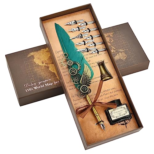 Hethrone Calligraphy Pens - Caligraphy Pens for Writing Feather Pen Quill Pen and Ink Set with Black Ink 10 Replaceable Nibs Gift Set (Green)