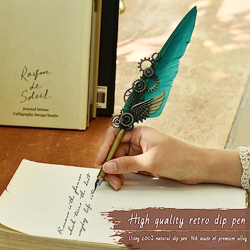 Hethrone Calligraphy Pens - Caligraphy Pens for Writing Feather Pen Quill Pen and Ink Set with Black Ink 10 Replaceable Nibs Gift Set (Green)