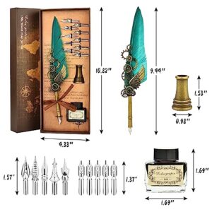 Hethrone Calligraphy Pens - Caligraphy Pens for Writing Feather Pen Quill Pen and Ink Set with Black Ink 10 Replaceable Nibs Gift Set (Green)