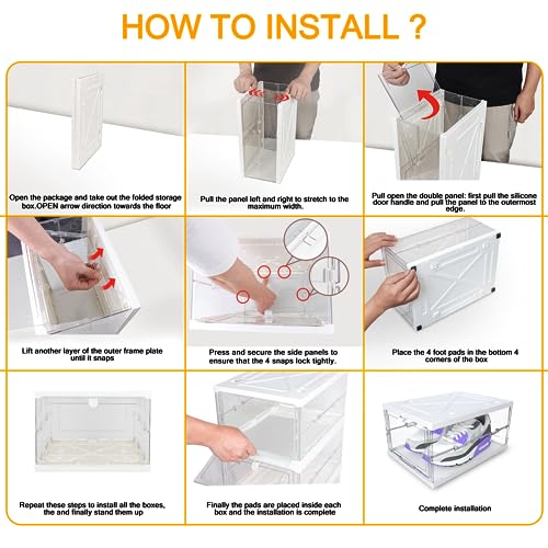 BomSaluka Shoe Storage Boxes Stackable, Clear & Large Shoe Organizer,Easy Assembly Shoe Display Case,Space Saving Foldable Shoe Holders, Shoe Container Rack Sneaker Bins,Fits Up to Size 13 Shoes