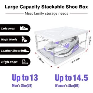 BomSaluka Shoe Storage Boxes Stackable, Clear & Large Shoe Organizer,Easy Assembly Shoe Display Case,Space Saving Foldable Shoe Holders, Shoe Container Rack Sneaker Bins,Fits Up to Size 13 Shoes