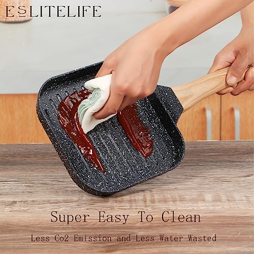 ESLITE LIFE Nonstick Grill Pan for Stove Tops, 7 Inch Granite Coating Square Grill Skillet Compatible with All Stovetops (Gas, Electric & Induction), PFOA Free