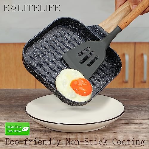 ESLITE LIFE Nonstick Grill Pan for Stove Tops, 7 Inch Granite Coating Square Grill Skillet Compatible with All Stovetops (Gas, Electric & Induction), PFOA Free