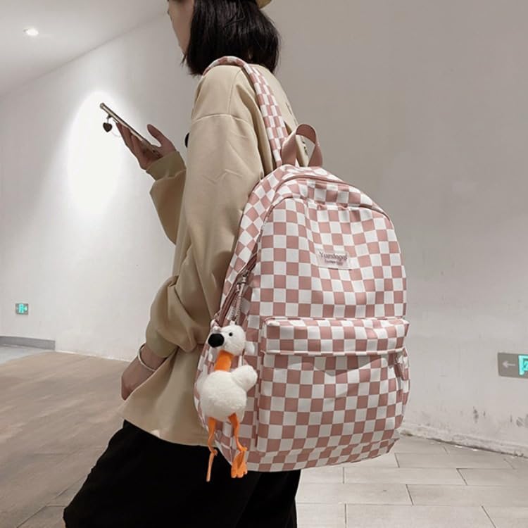 MININAI Y2K Aesthetic Checkered Backpack with Kawaii Pendant Checkerboard Backpack Cute Preppy Laptop Backpack Light Rucksack (One Size,Pink)