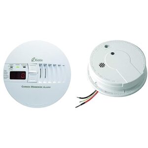 kidde hardwire carbon monoxide alarm with digital display and peak level memory 5.75 diameter x 1.8 depth & smoke detector, hardwired smoke alarm with battery backup & interconnect capability