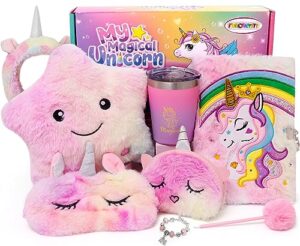 funcrevity unicorns gifts for girls unicorn toys 6 7 8 9 10 years old with star stuffed animal unicorn diary unicorn headband eye mask water bottle gift for girl birthday christmas (unicorn)