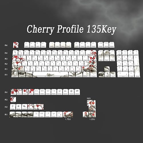 JSJT PBT Japanese Keycaps-Side Printed Keycap Set,Double Shot Shine Through Custom Keycaps,Plum Blossom Key Caps 135 Keys Cherry Profile Keycaps for Cherry MX Switchs Mechanical Keycboards