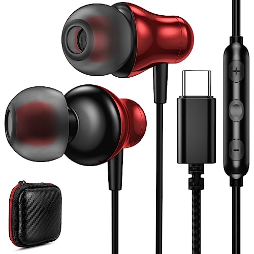 USB C Earbuds Headphones with Microphone for Samsung Galaxy S23 S22 Z Flip 5 Fold 4, Type C Headphone Wired Earphones in Ear Headset for Google Pixel 7 7A 6 6A OnePlus 11 Pro Moto Razr 40 Ultra Red