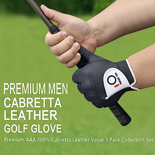 FINGER TEN Golf Gloves Men Right Handed Golfer Left Hand 3 Pack Cabretta Leather White Soft All Weather Grip Breathable Lightweight Flexible Glove (Dark Blue, Medium, Left)