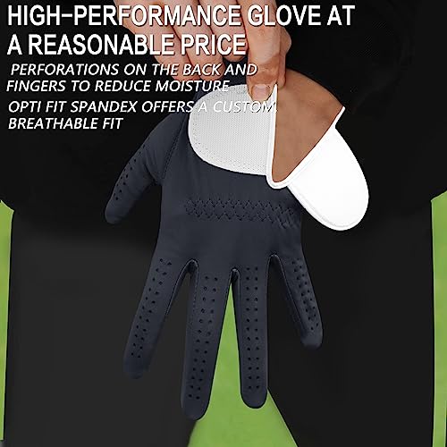 FINGER TEN Golf Gloves Men Right Handed Golfer Left Hand 3 Pack Cabretta Leather White Soft All Weather Grip Breathable Lightweight Flexible Glove (Dark Blue, Medium, Left)