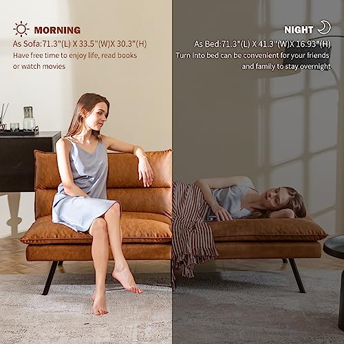 Opoiar Convertible Armless Futon Sofa Bed,3" Memory Foam Modern Loveseat Couch,71" L Sleeper Sofa Bed,Small Splitback Modern Faux Leather Futon Sofa for Living Room,Home Office,Apartment,Brown