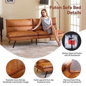 Opoiar Convertible Armless Futon Sofa Bed,3" Memory Foam Modern Loveseat Couch,71" L Sleeper Sofa Bed,Small Splitback Modern Faux Leather Futon Sofa for Living Room,Home Office,Apartment,Brown