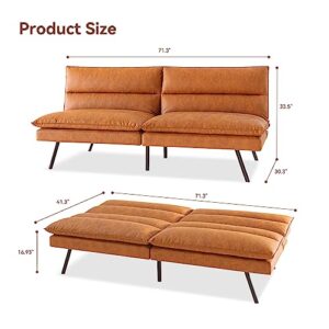 Opoiar Convertible Armless Futon Sofa Bed,3" Memory Foam Modern Loveseat Couch,71" L Sleeper Sofa Bed,Small Splitback Modern Faux Leather Futon Sofa for Living Room,Home Office,Apartment,Brown