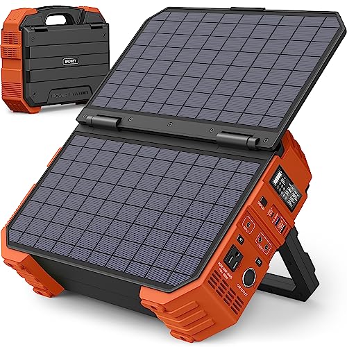 BROWEY Portable Power Station with 30W Solar Panel, 614.4Wh LiFePO4 Battery Backup,110V/600W(Peak 1200W) Pure Sine Wave AC Outlet, Solar Generator for Outdoor Camping, RV Travel（Orange)