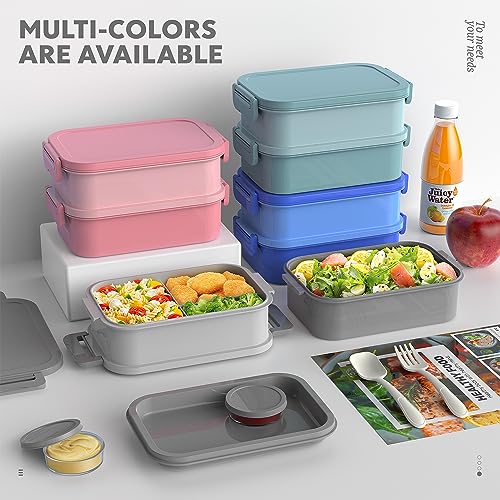 Jelife Adult Bento Box Lunch Box - 3 Layers Leak-Proof Stackable Bento Lunch Box for Adults, 72oz Large-Style All-in-One Bento Boxes Lunchbox with Utensil Sauce Containers for Dining Out,Work, Grey