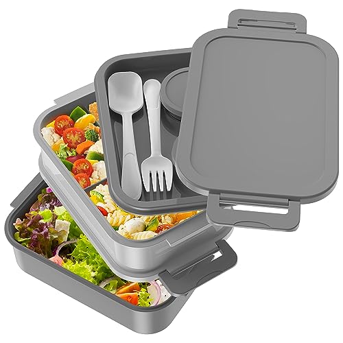 Jelife Adult Bento Box Lunch Box - 3 Layers Leak-Proof Stackable Bento Lunch Box for Adults, 72oz Large-Style All-in-One Bento Boxes Lunchbox with Utensil Sauce Containers for Dining Out,Work, Grey