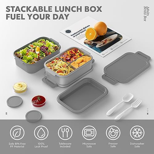 Jelife Adult Bento Box Lunch Box - 3 Layers Leak-Proof Stackable Bento Lunch Box for Adults, 72oz Large-Style All-in-One Bento Boxes Lunchbox with Utensil Sauce Containers for Dining Out,Work, Grey