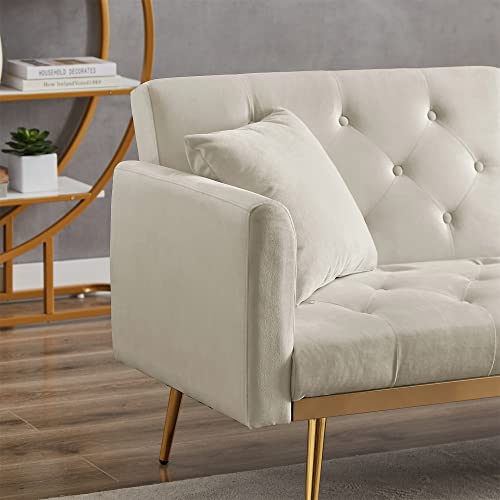 Anwick Modern Velvet 2 in 1 Futon Sofa Bed,Convertible Folding Sleeper Bed Couches with 2 Pillows,73" Tufted Recliner Love Seat with Golden Chrome Legs for Living Room Apartment Office (Beige-New)